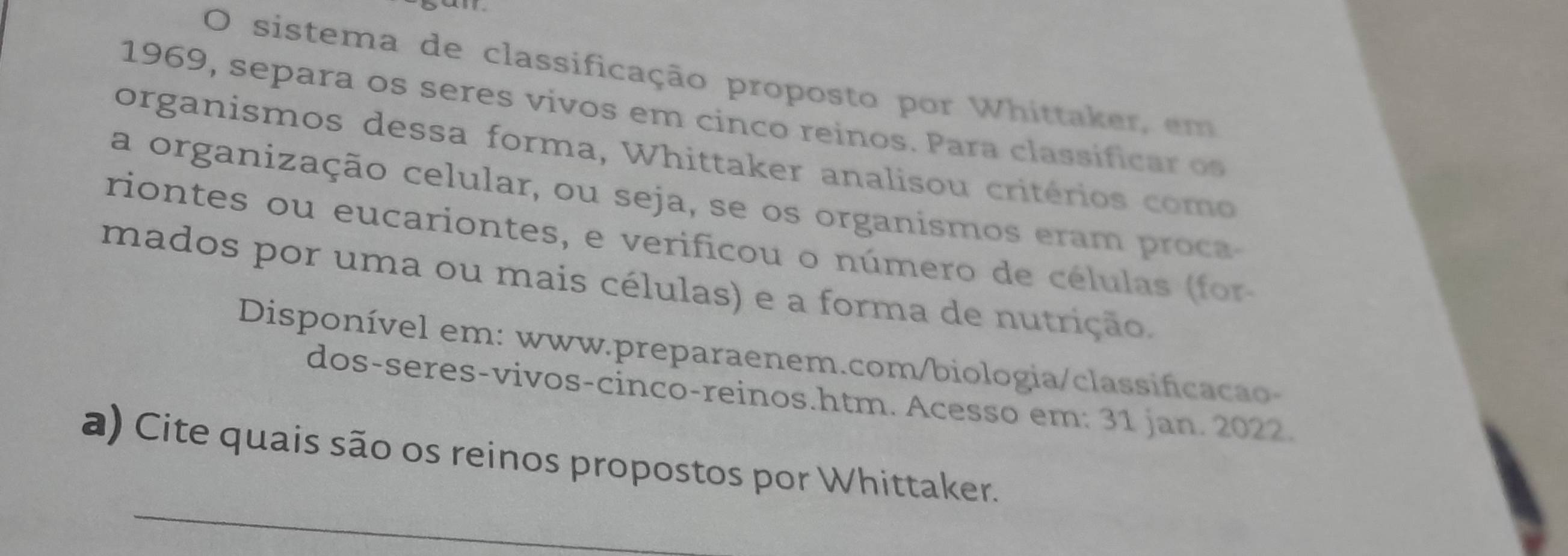Resolvido:sistema de classificação proposto por Whittaker, em 1969 ...