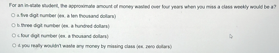 Solved: For an in-state student, the approximate amount of money wasted ...