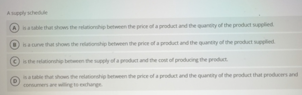 Solved: A supply schedule A ) is a table that shows the relationship ...