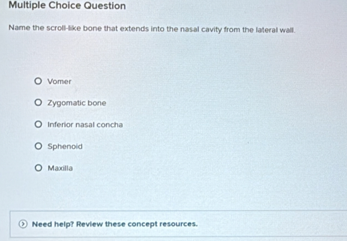 Solved: Question Name the scroll-like bone that extends into the nasal ...