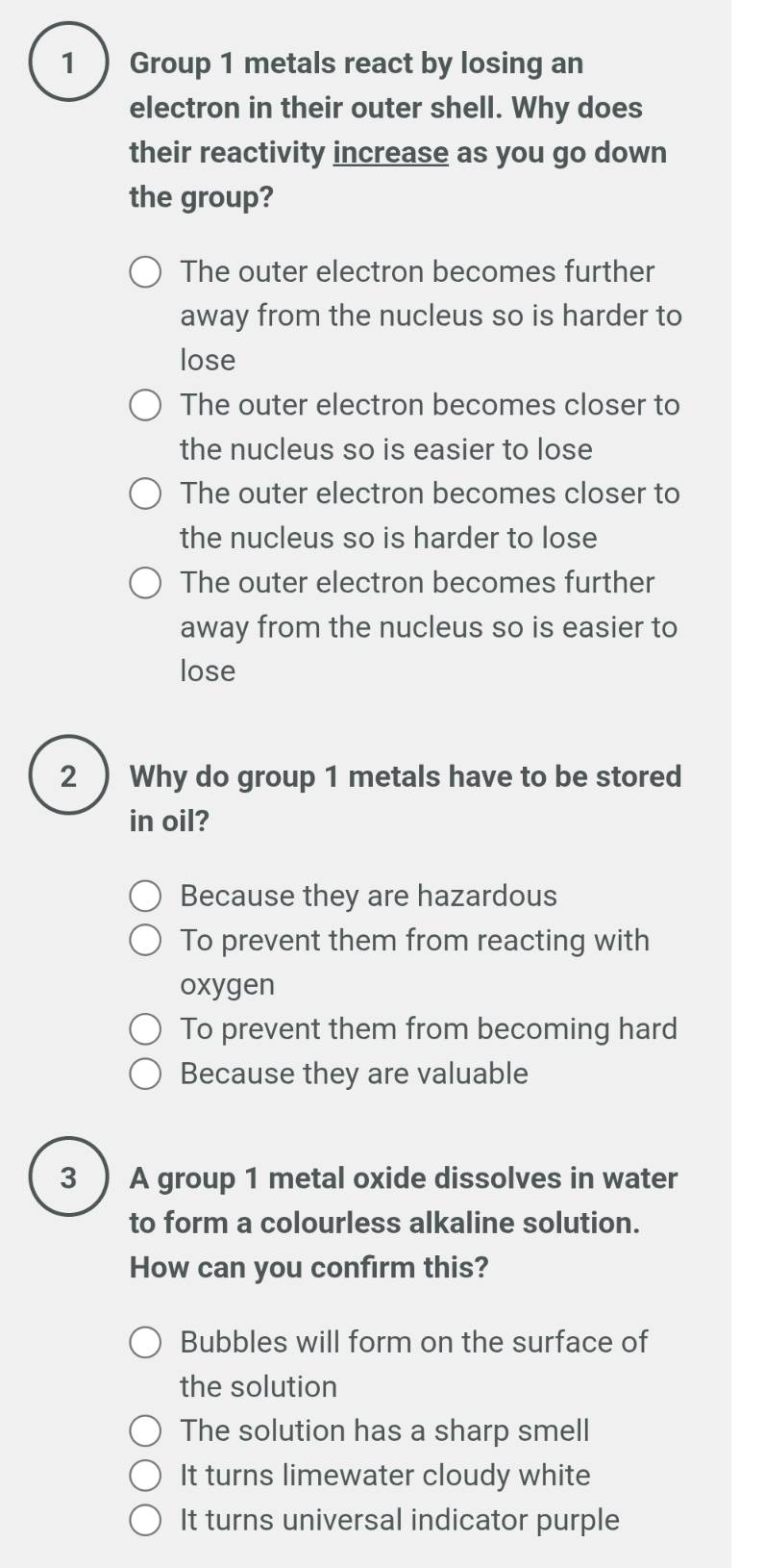 Solved: 1 ) Group 1 metals react by losing an electron in their outer ...