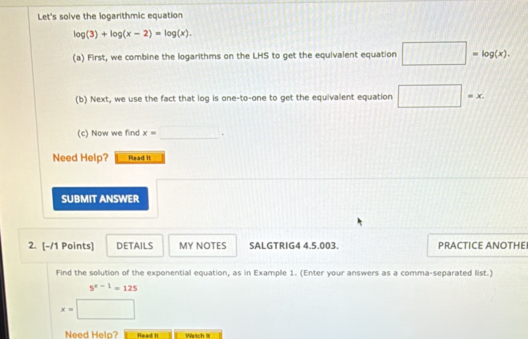 Solved: Let's solve the logarithmic equation log (3)+log (x-2)=log (x ...