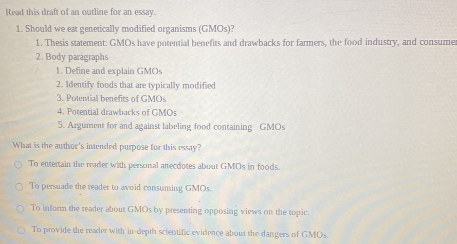 Read this draft of an outline for an essay. 1. Should we eat ...