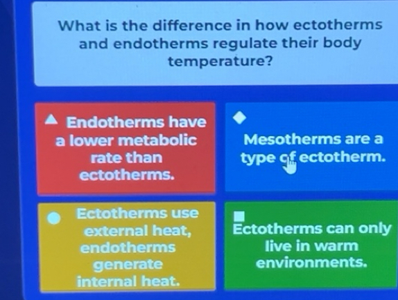 Solved: What is the difference in how ectotherms and endotherms ...