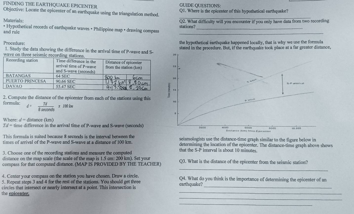 Solved: FINDING THE EARTHQUAKE EPICENTER GUIDE QUESTIONS: Objective ...