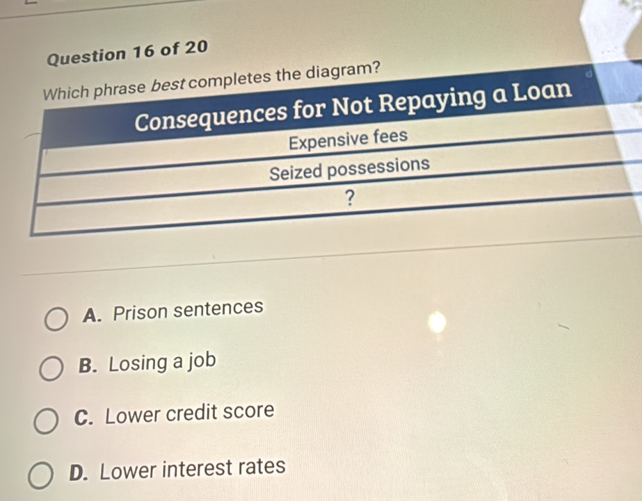Résolu :A. Prison sentences B. Losing a job C. Lower credit score D ...