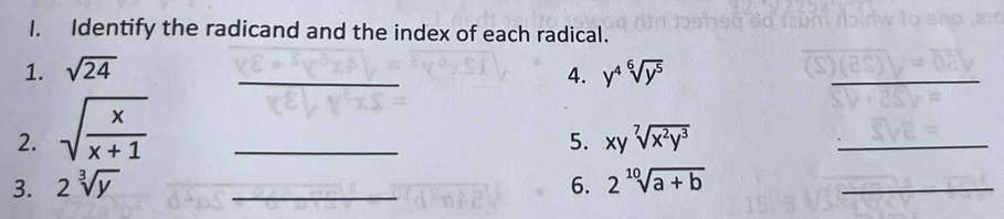 Solved: Identify the radicand and the index of each radical. 1. sqrt(24 ...