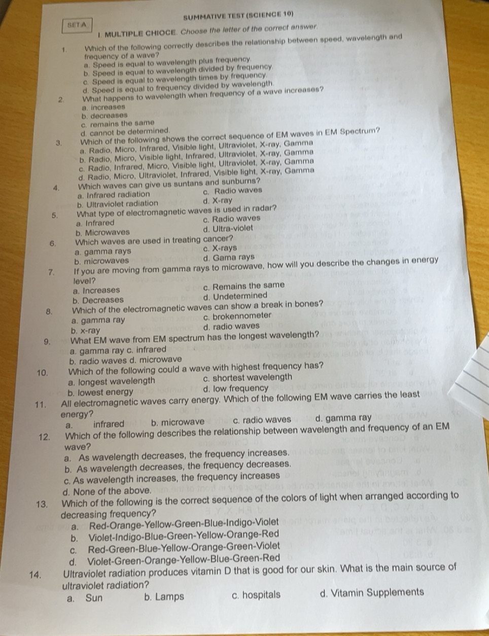 Solved: SUMMATIVE TEST (SCIENCE 10) SET A 1. MULTIPLE CHIOCE. Choose ...