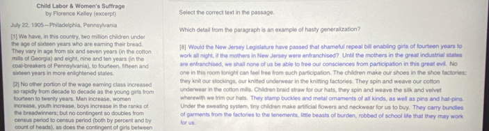 Solved: Child Labor & Women's Suffrage Select the correct text in the ...