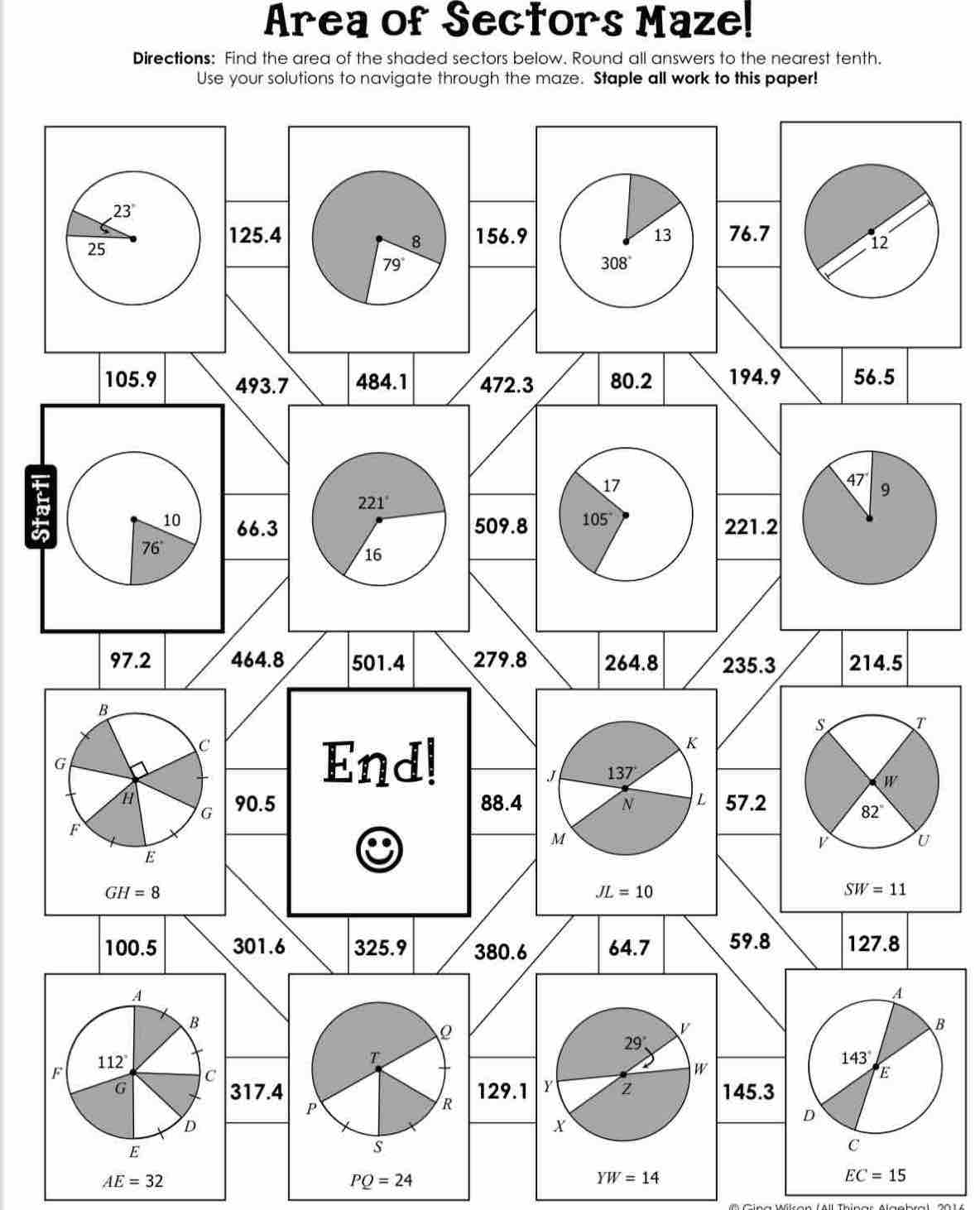 Solved: Area of Sectors Maze! Directions: Find the area of the shaded ...