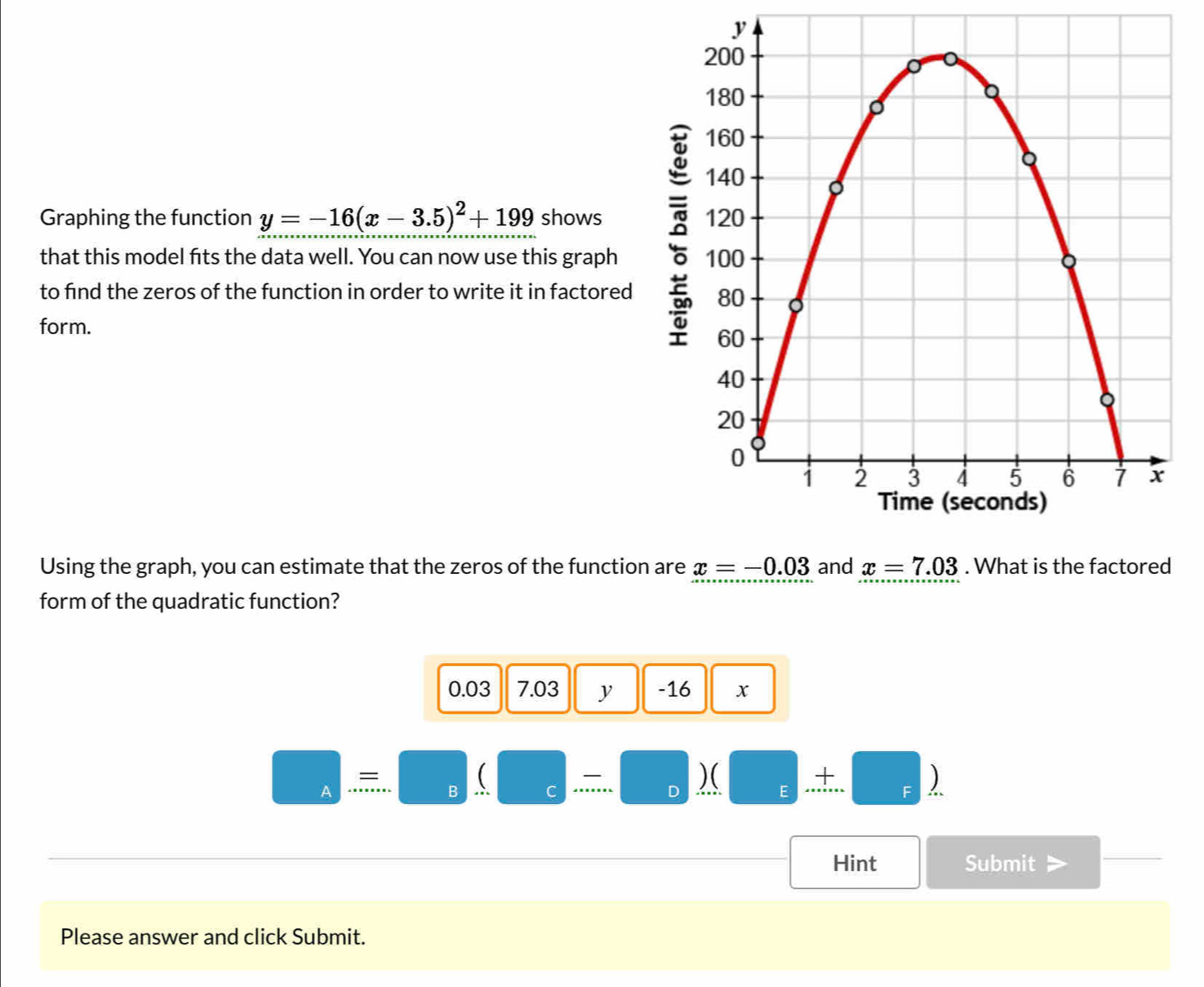 Solved: Graphing the function y=-16(x-3.5)^2+199 shows that this model ...