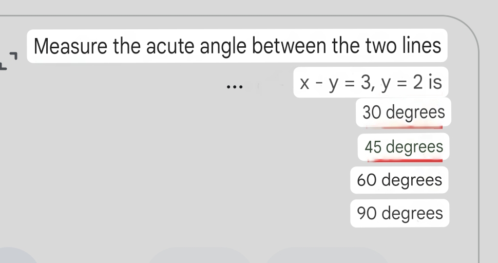 تم الحل:Measure the acute angle between the two lines … x-y=3, y=2 is ...