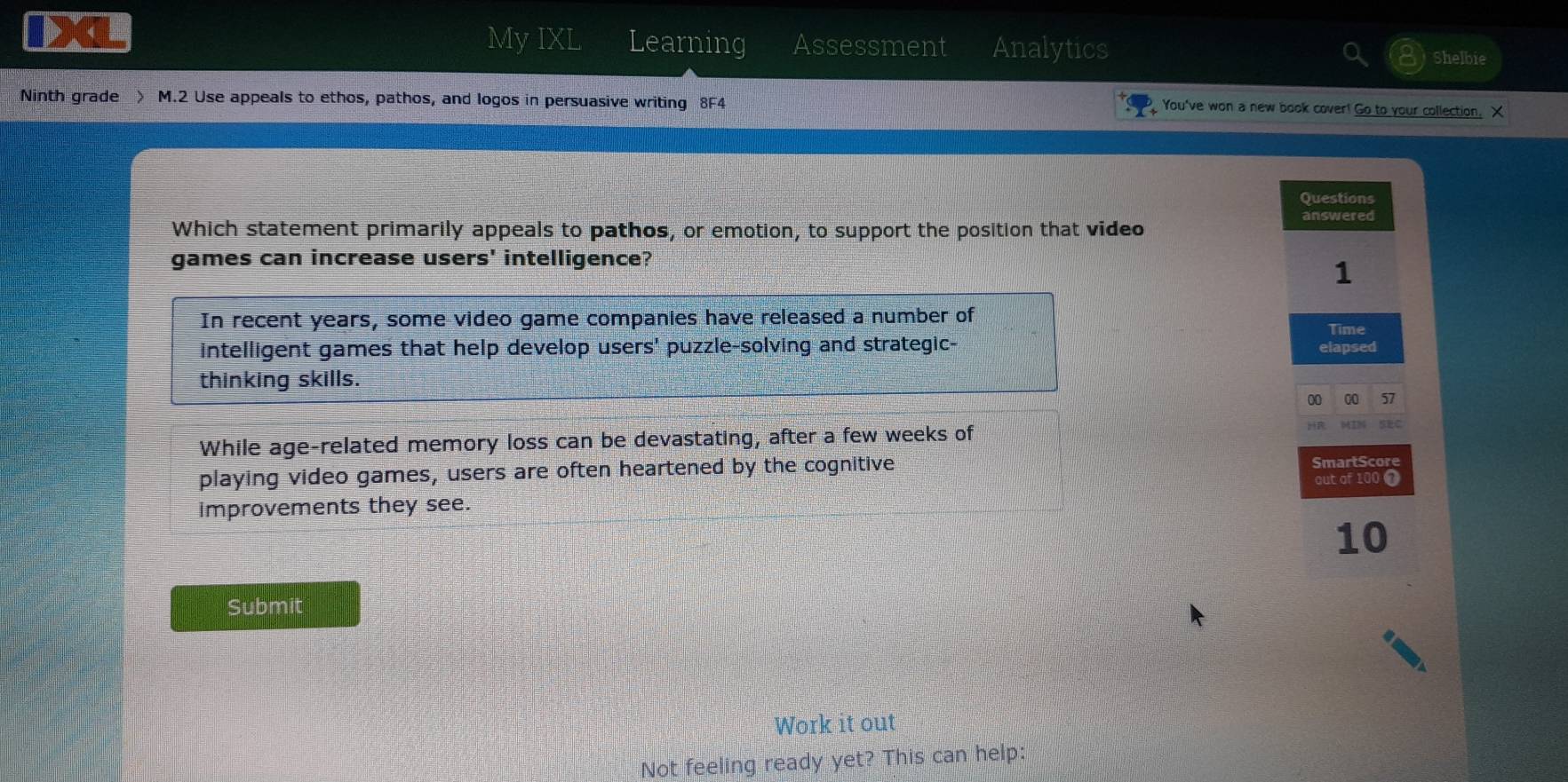 Solved: ) My IXL Learning Assessment Analytics Shelbie Ninth grade > M.2 Use appeals to ethos ...