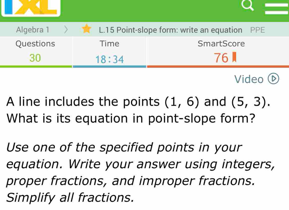 Solved: Video A line includes the points (1,6) and (5,3). What is its ...