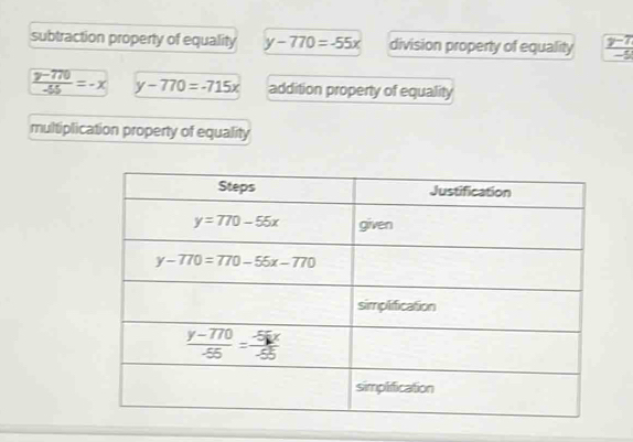 Solved: subtraction property of equality y-770=-55x division property ...