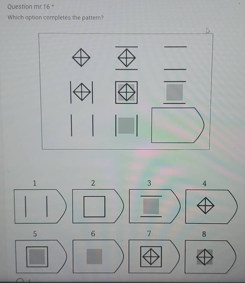 Solved: Question mr.16 * Which option completes the pattern? _ _ _ _ 1 ...