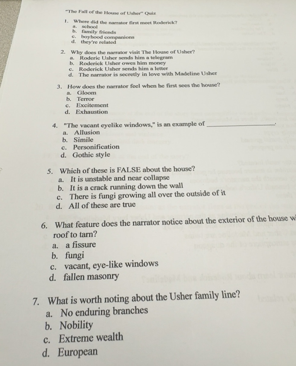 Solved: “The Fall of the House of Usher” Quiz 1. Where did the narrator ...