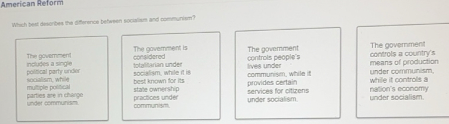 Solved: American Reform Which best describes the difference between ...