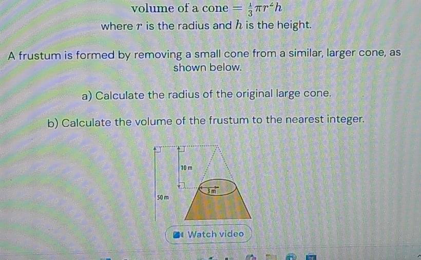 Solved: volume of a cone = 1/3 π r^2h where r is the radius and h is ...