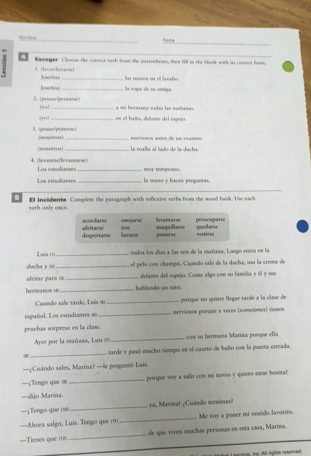 Solved: Nombre Fecha Escoger Choose the correct verb from the ...