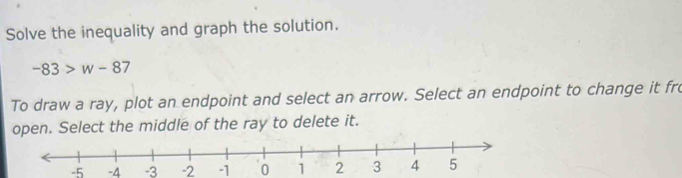 Solved: Solve the inequality and graph the solution. -83>w-87 To draw a ...