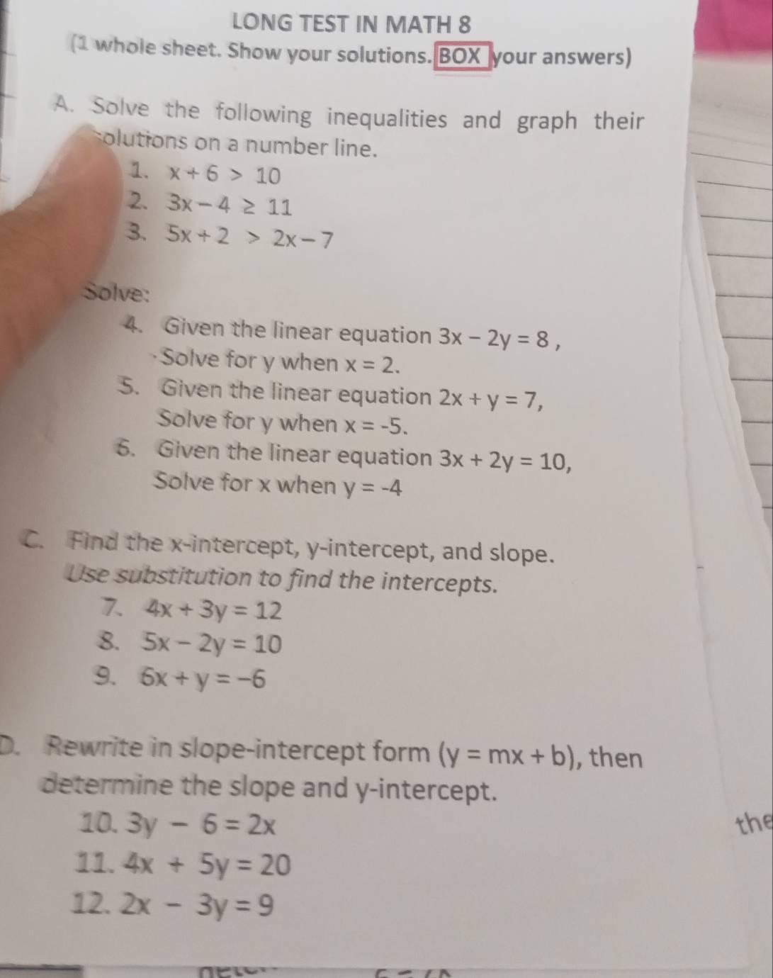 Solved: LONG TEST IN MATH 8 (1 whole sheet. Show your solutions. BOX ...