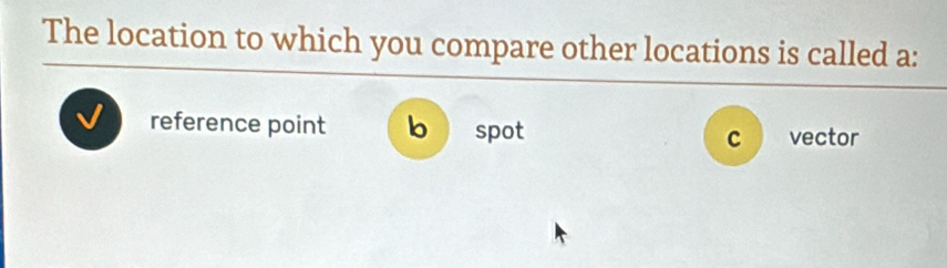 Solved: The location to which you compare other locations is called a ...