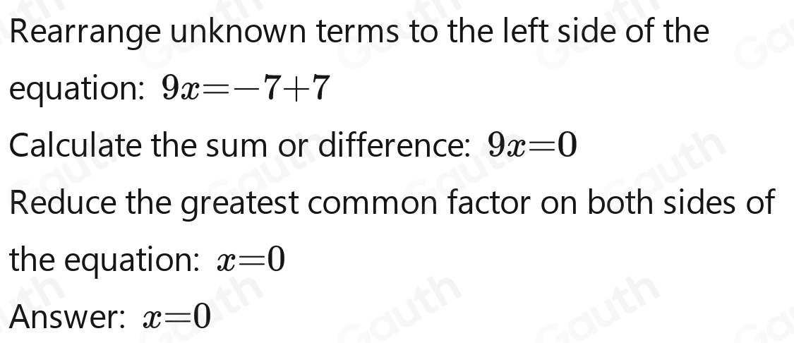 Solved: 9x-7=-7 [Math]