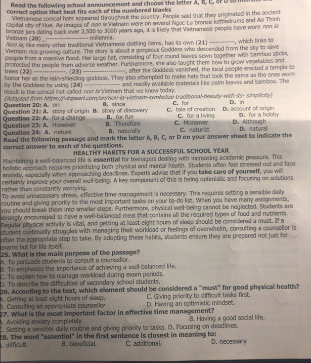 Giải quyết:Read the following school announcement and choose the letter ...