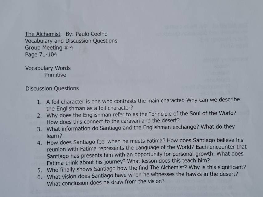 Solved: The Alchemist By: Paulo Coelho Vocabulary and Discussion ...
