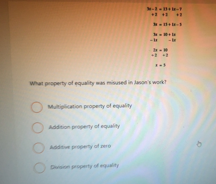 Solved: 3x-2=13+1x-7 +2+2 +2 3x=15+1x-5 3x=10+1x - 1x - 1x 2x=10 / 2/ 2 ...
