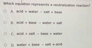 Solved: Which equation represents a neutralization reaction? A. acid ...