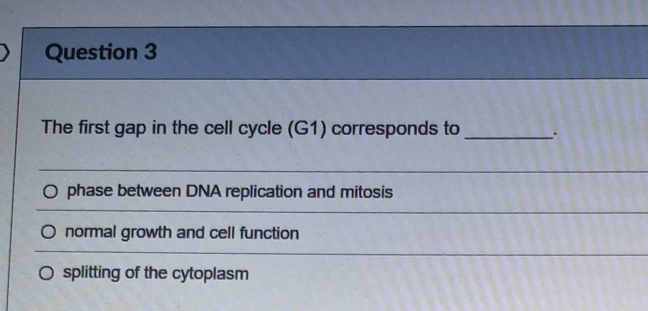 Solved: The first gap in the cell cycle (G1) corresponds to_ phase ...