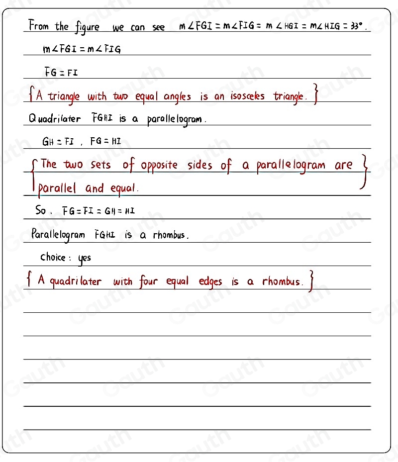 Solved: Is parallelogram FGHI a rhombus? yes no [Math]