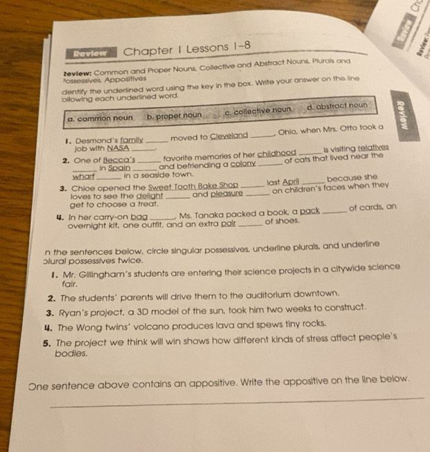 Solved: Review Chapter I Lessons 1-8 Review: Common and Proper Nouns ...