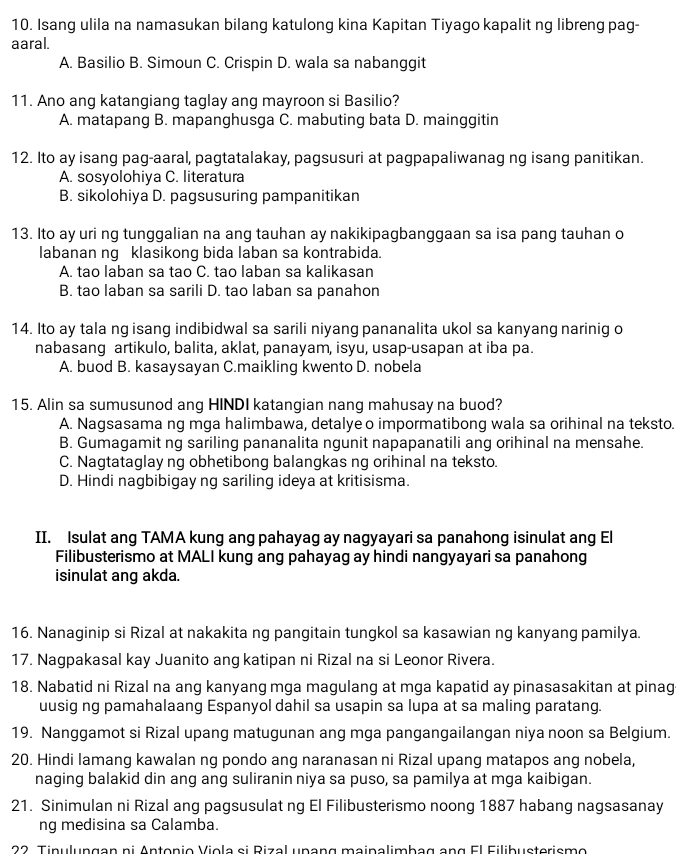 Solved: Isang ulila na namasukan bilang katulong kina Kapitan Tiyago ...