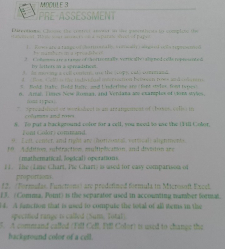 Solved: MODULE 3 PRE-ASSESSMENT Directionse Choose the correct answer ...