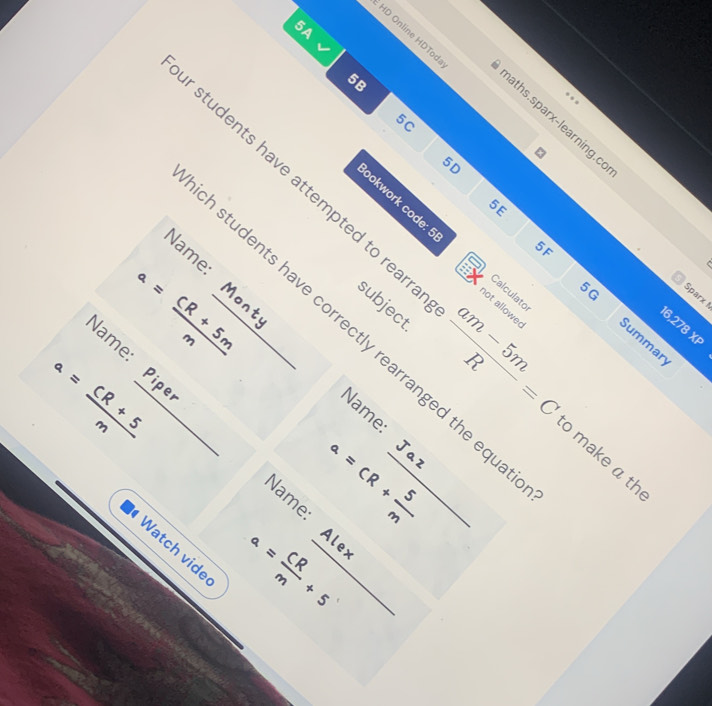 Solved: 5A HD Online HDTod 5B aths.sparx-learning.c 5C 5E bokwork code: 5 Calculato B s [Math]