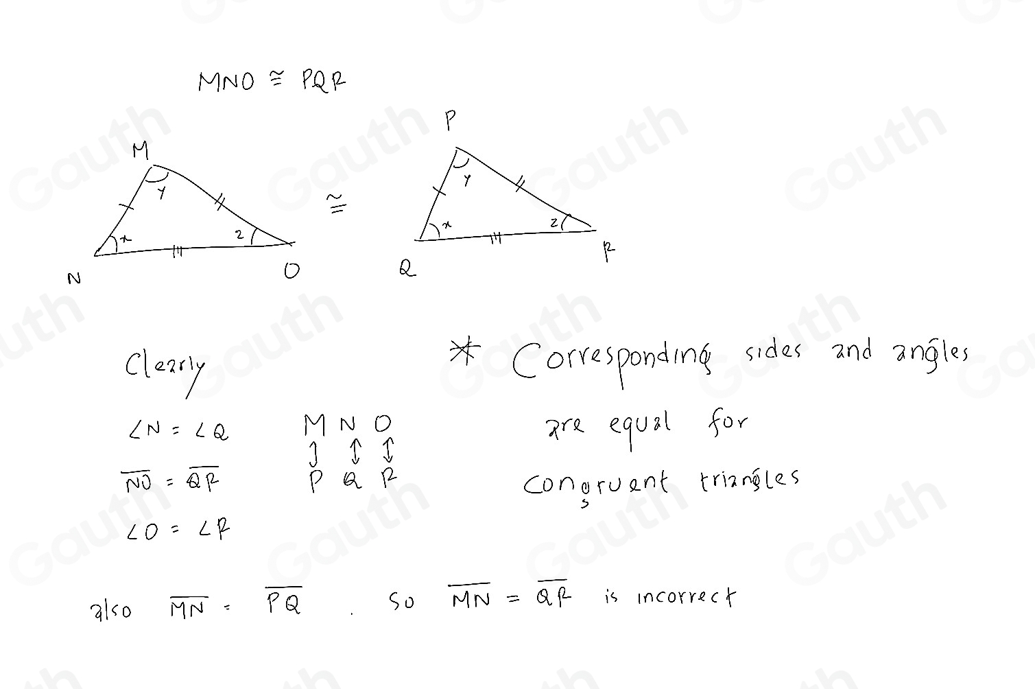 Solved: If triangle MNO is congruent to triangle PQR, which statement is not true? overline MN ...