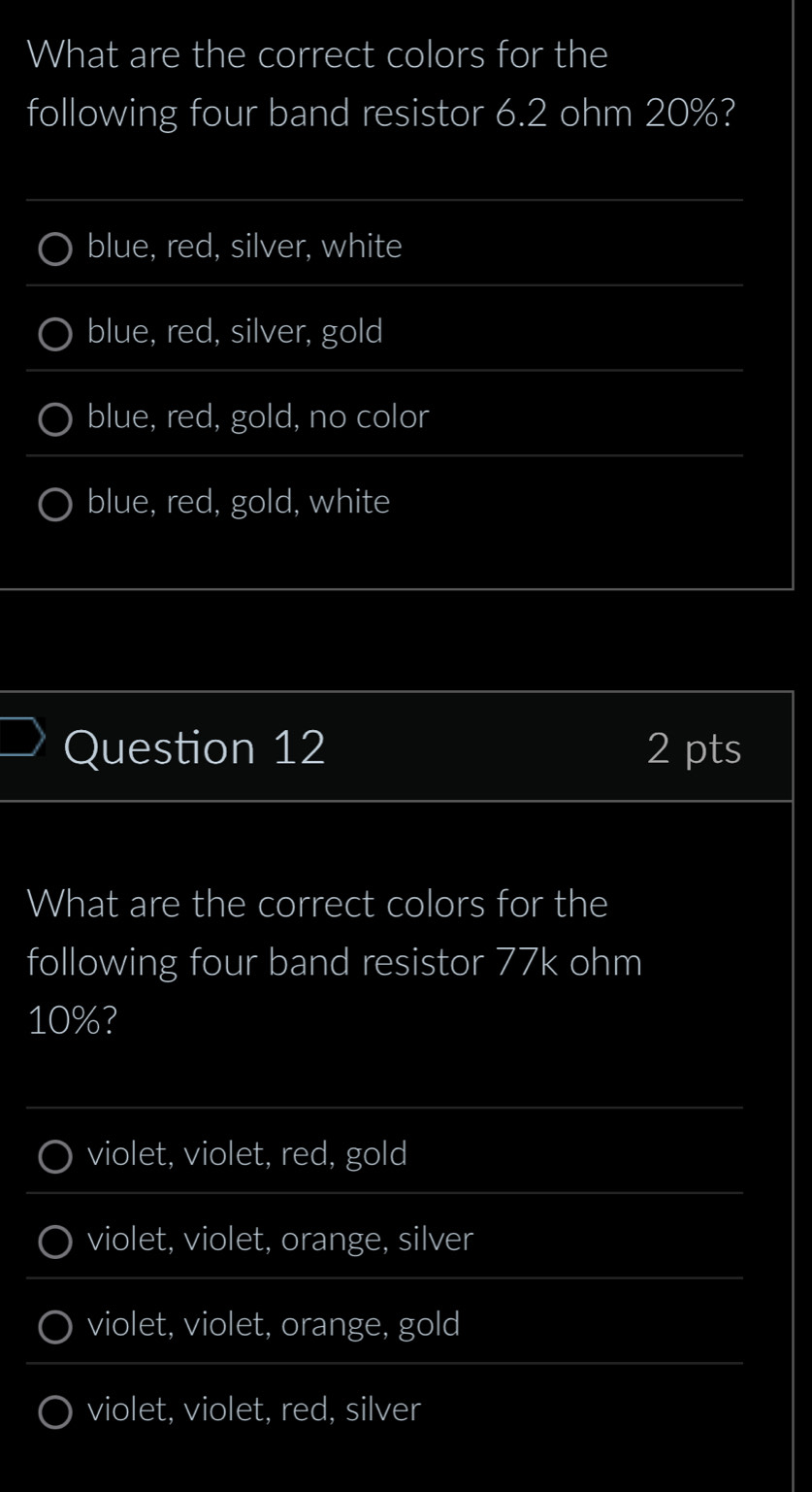 Solved: What are the correct colors for the following four band ...