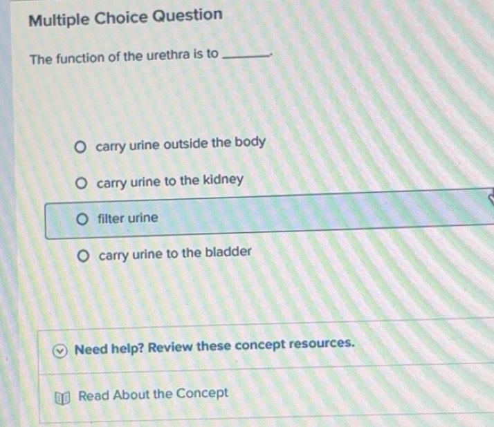 Solved: Question The function of the urethra is to_ . carry urine ...