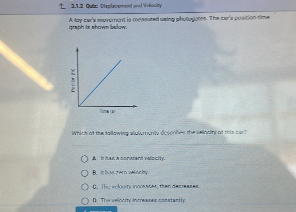 Solved: Qulz: Displacement and Velocity A toy car's movement is ...