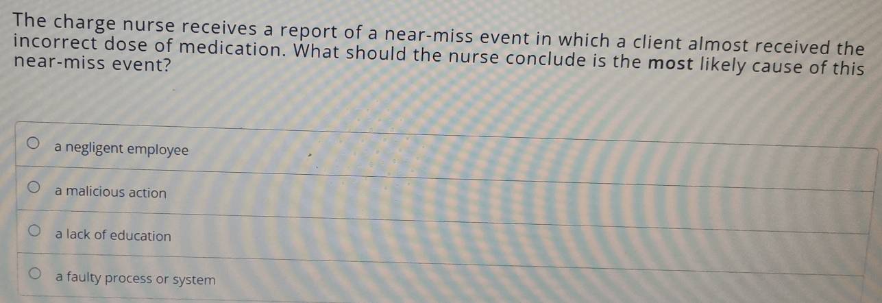 Solved: The charge nurse receives a report of a near-miss event in ...