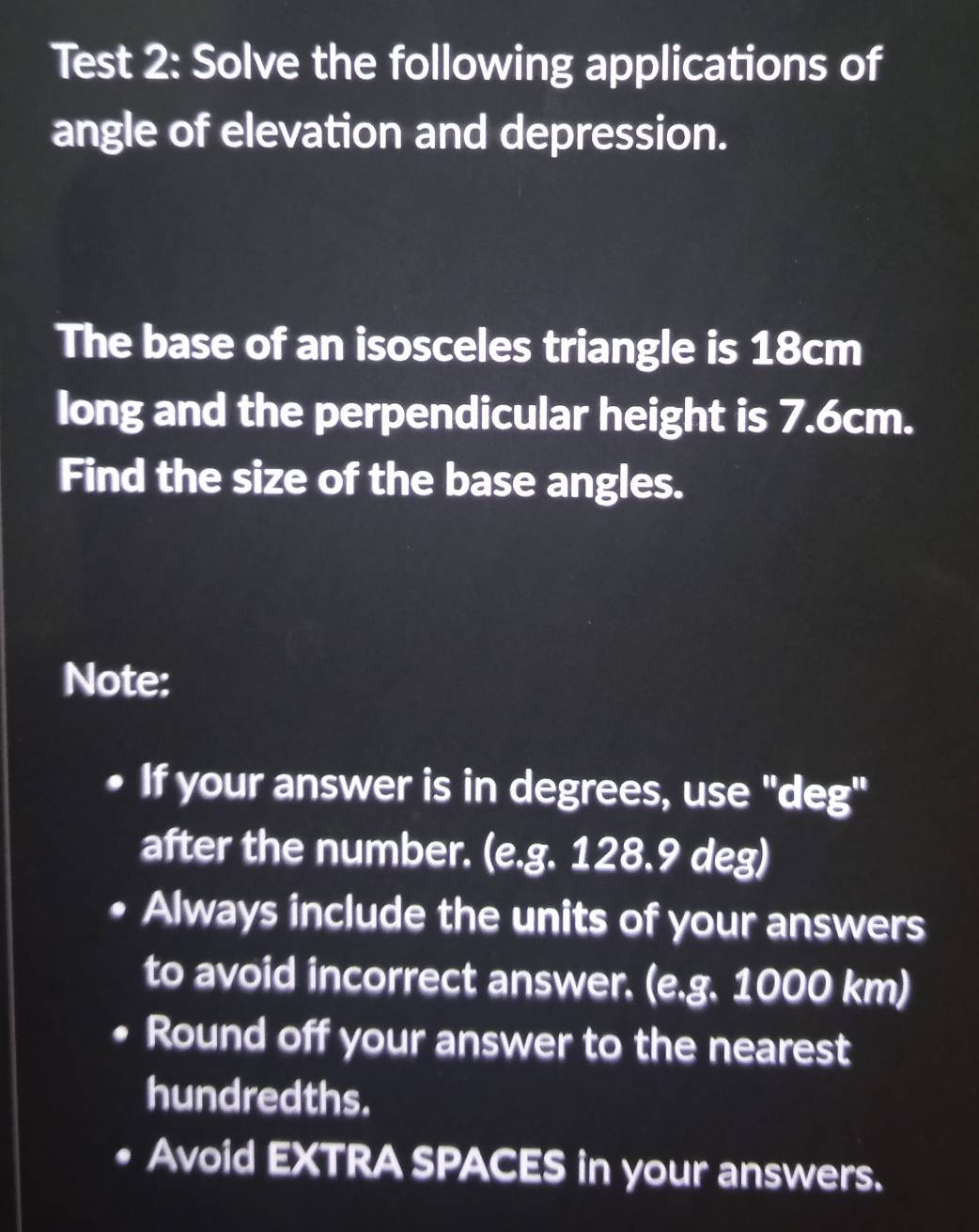 Solved: Test 2: Solve the following applications of angle of elevation ...