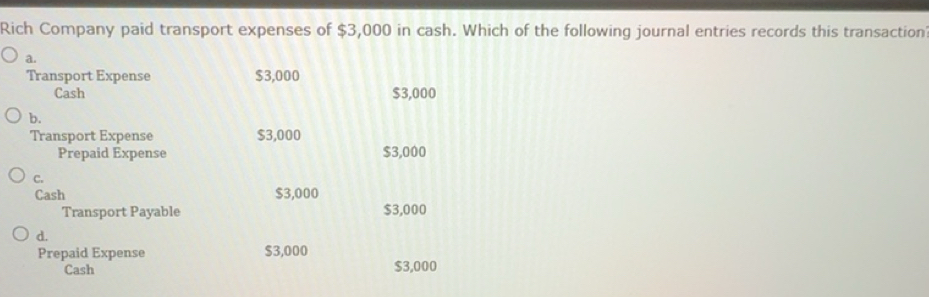 Solved: Rich Company paid transport expenses of $3,000 in cash. Which ...