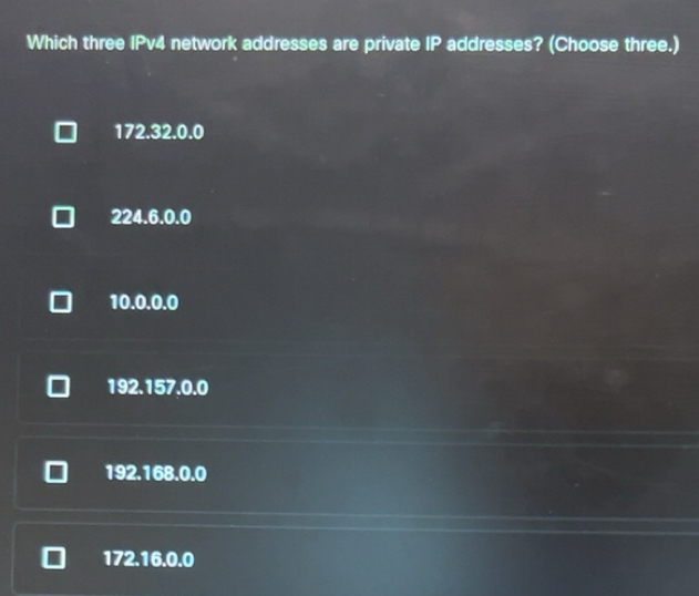 Solved: Which three IPv4 network addresses are private IP addresses ...