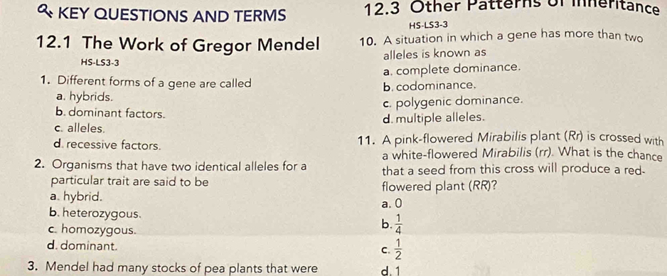Solved: KEY QUESTIONS AND TERMS 12.3 Other Patterns of inneritance HS ...