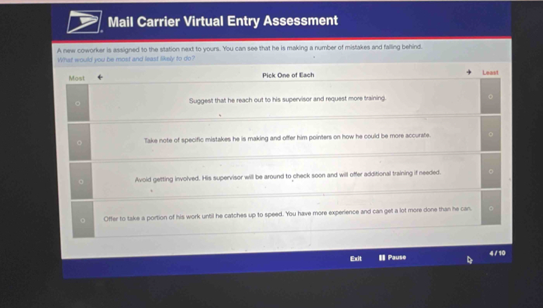Solved: Mail Carrier Virtual Entry Assessment A new coworker is ...