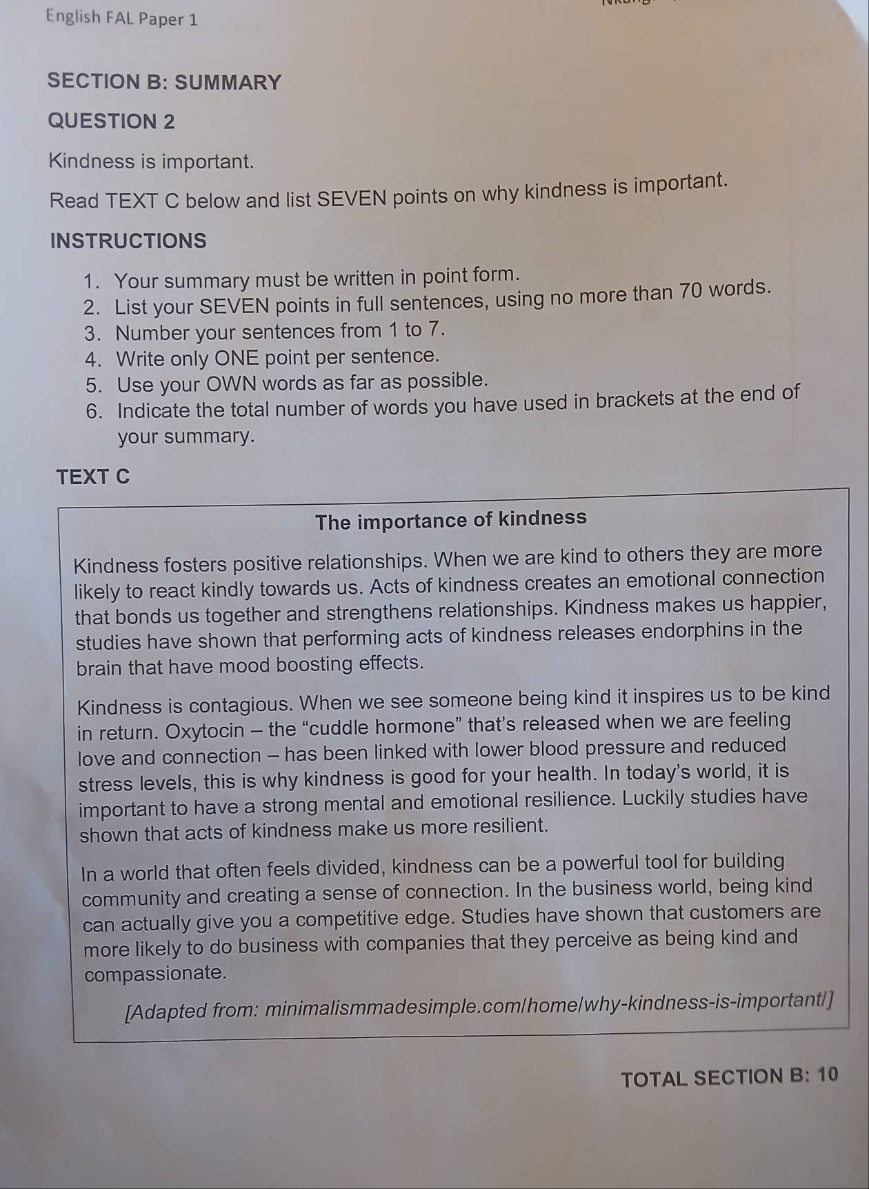 Résolu :English FAL Paper 1 SECTION B: SUMMARY QUESTION 2 Kindness is important. Read TEXT C b