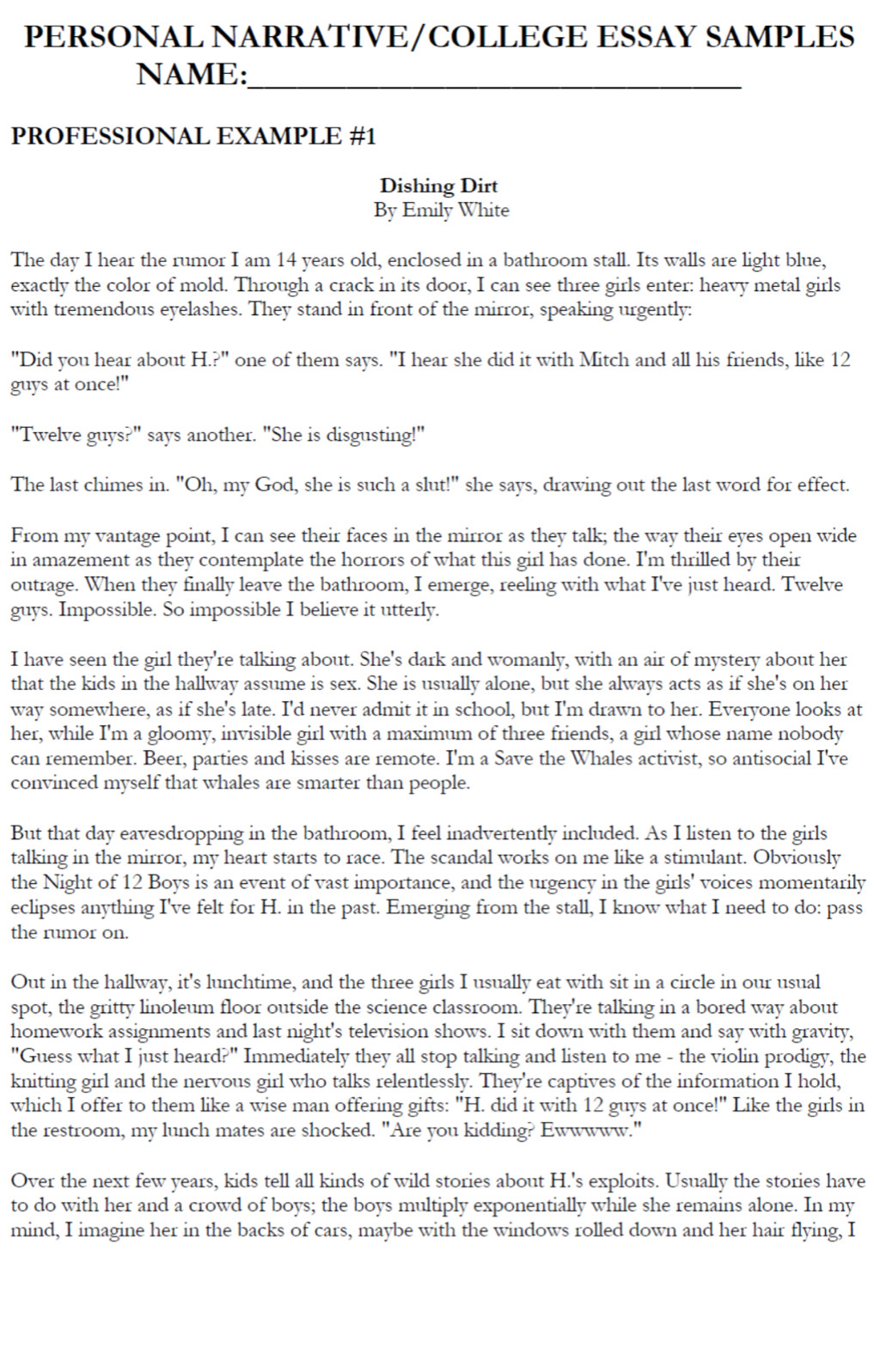 Solved: PERSONAL NARRATIVE/COLLEGE ESSAY SAMPLES NAME:_ PROFESSIONAL ...